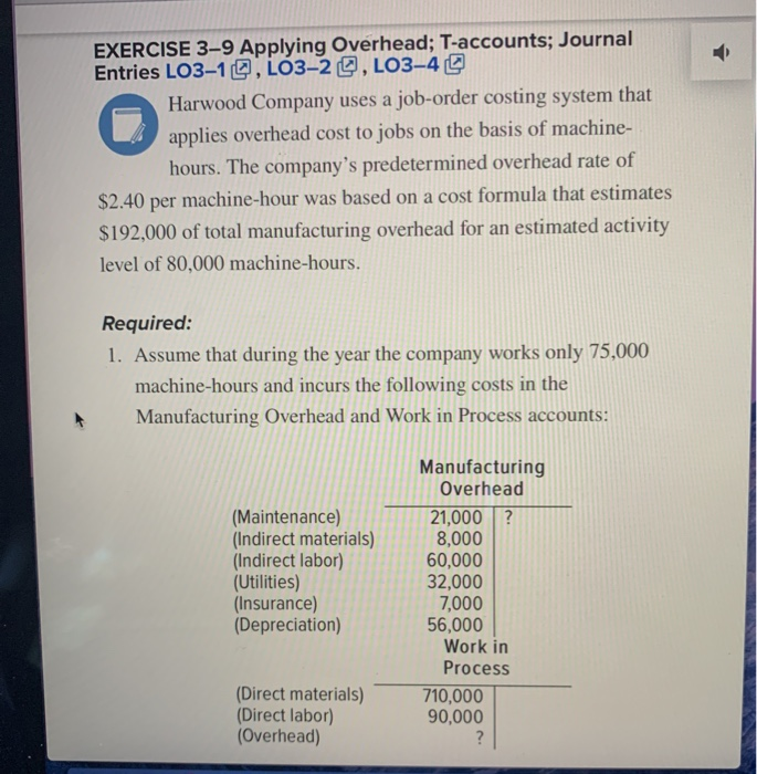 Solved EXERCISE 3-9 Applying Overhead; T-accounts; Journal | Chegg.com