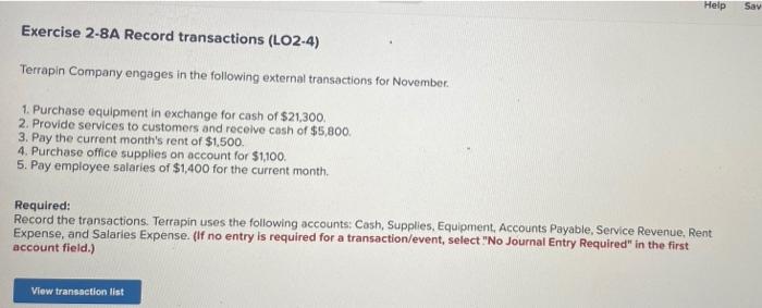 Solved Help Sav Exercise 2-8A Record transactions (LO2-4) | Chegg.com