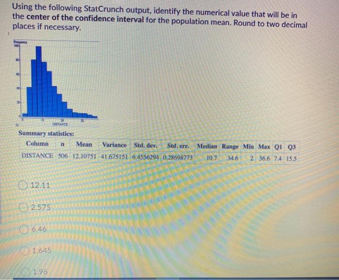 Solved Using the following StatCrunch output, identify the | Chegg.com