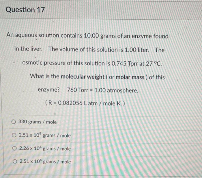Solved An aqueous solution contains 10.00 grams of an enzyme | Chegg.com