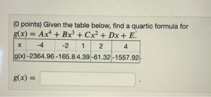 Solved (0 points) Given the table below, find a quartic | Chegg.com