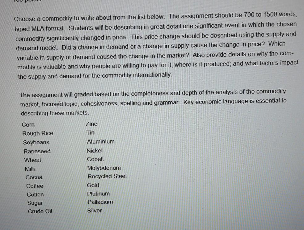 Solved Choose a commodity to write about from the list | Chegg.com