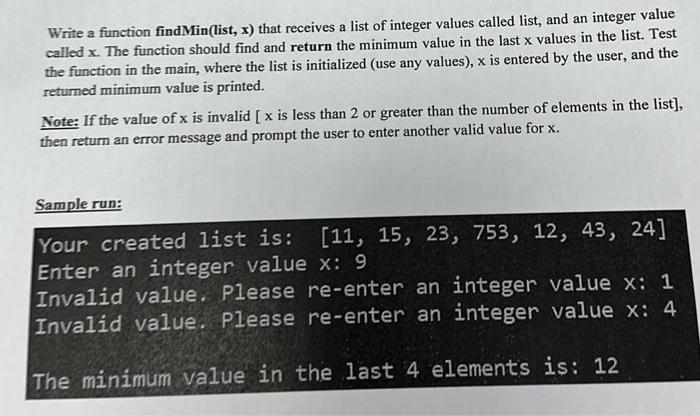 Write a function findMin(list, x) that receives a | Chegg.com