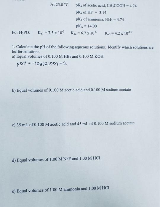 Solved At 25.0∘CpKa of acetic acid, CH3COOH=4.74 pKa of | Chegg.com