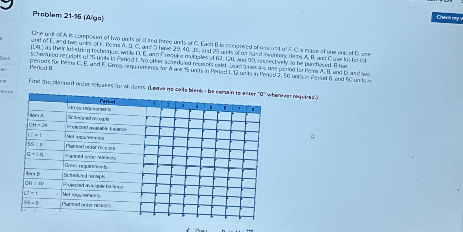 Solved Problem 21-16 (Algo)One unit of A ﻿is composed of two | Chegg.com