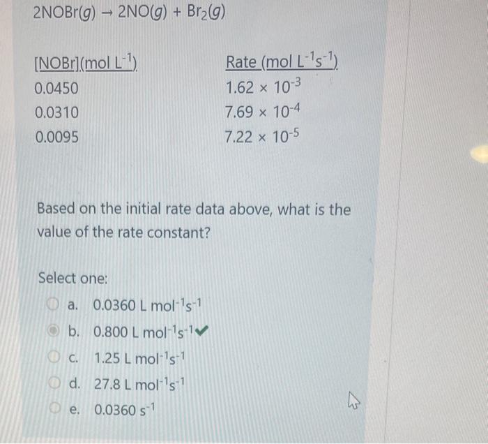 Solved 2NOBr(g)→2NO(g)+Br2(g) Based on the initial rate data | Chegg.com