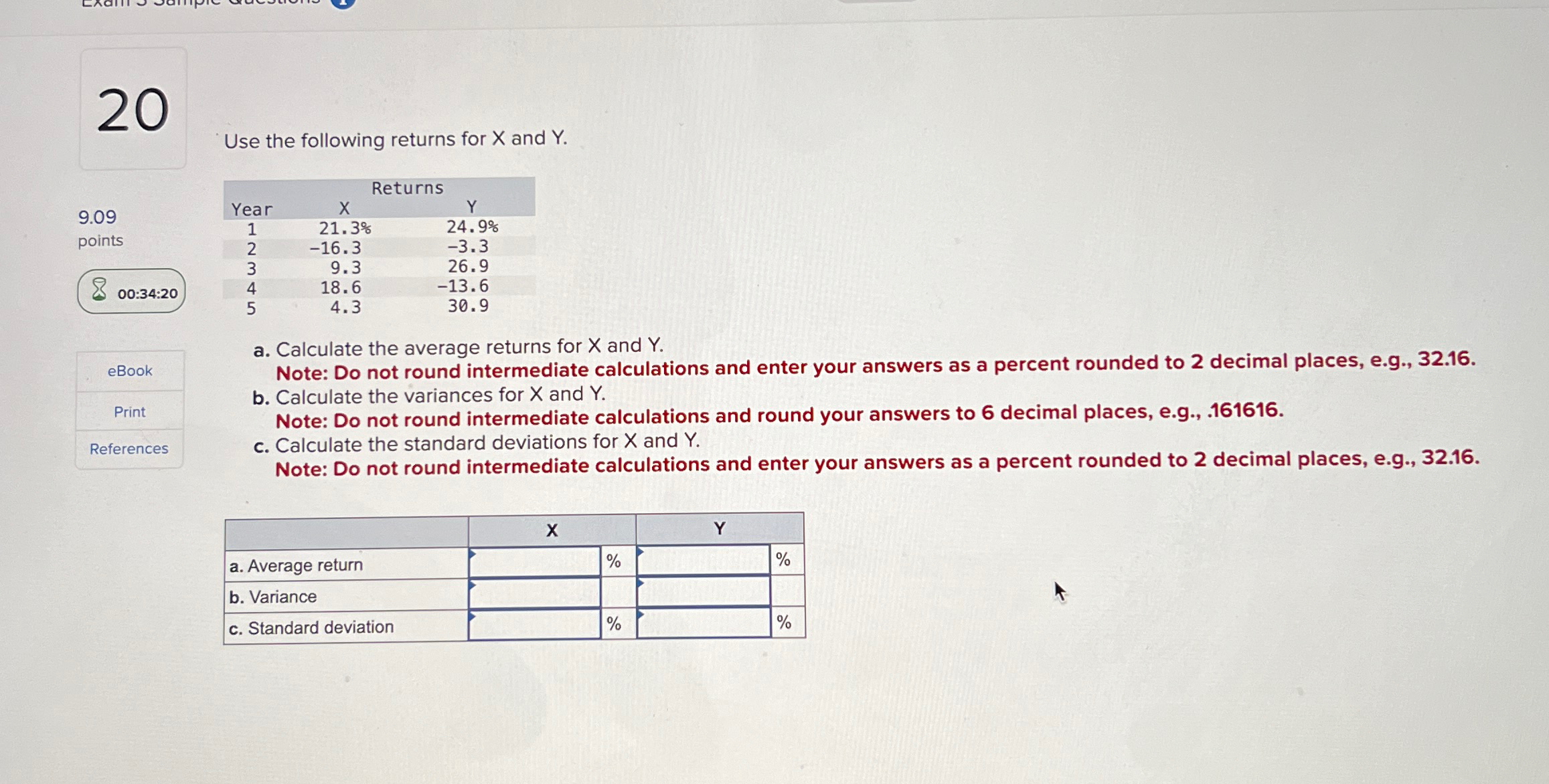 Solved 20Use the following returns for x ﻿and | Chegg.com