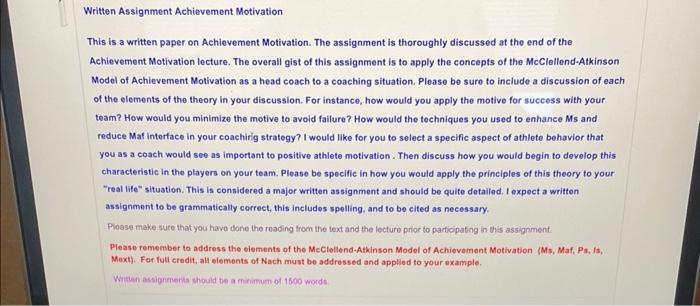 Written Assignment Achievement Motivation This is a | Chegg.com