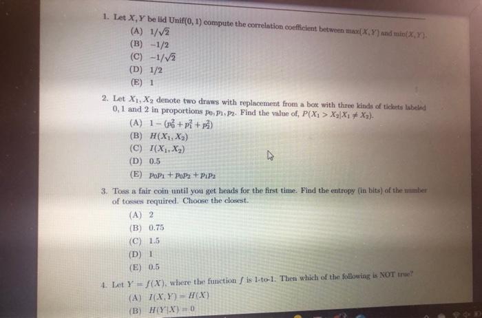1. Let X,Y be fid Unif( 0,1) compute the correlation | Chegg.com