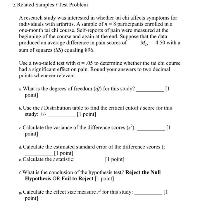 Solved 2. Related Samples t Test Problem A research study | Chegg.com