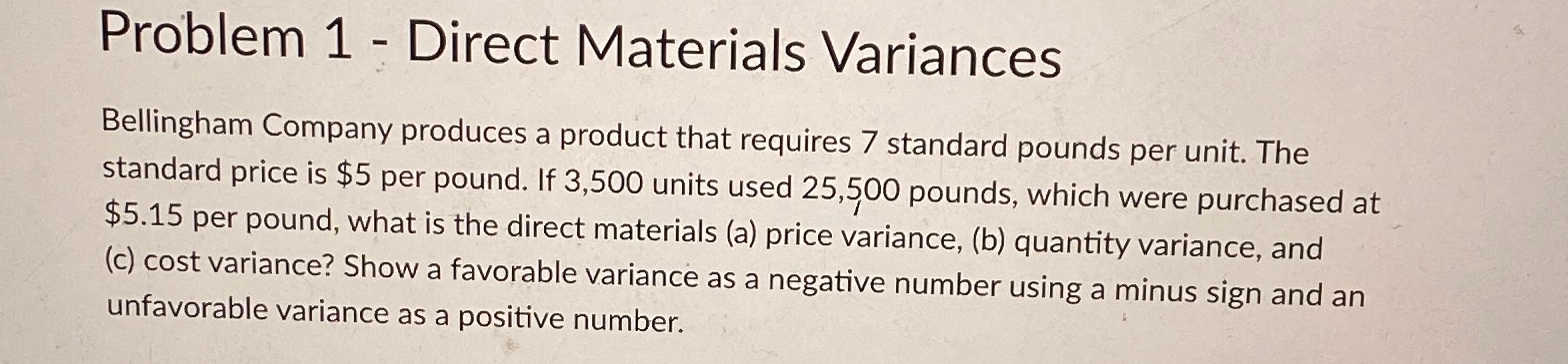 Solved Problem 1 - ﻿Direct Materials VariancesBellingham | Chegg.com
