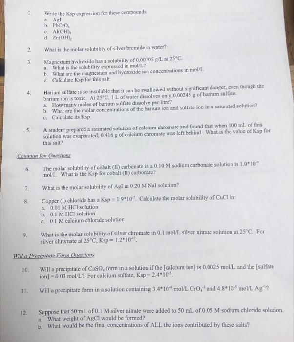 Solved 1. Write the Ksp expression for these compounds: a. | Chegg.com