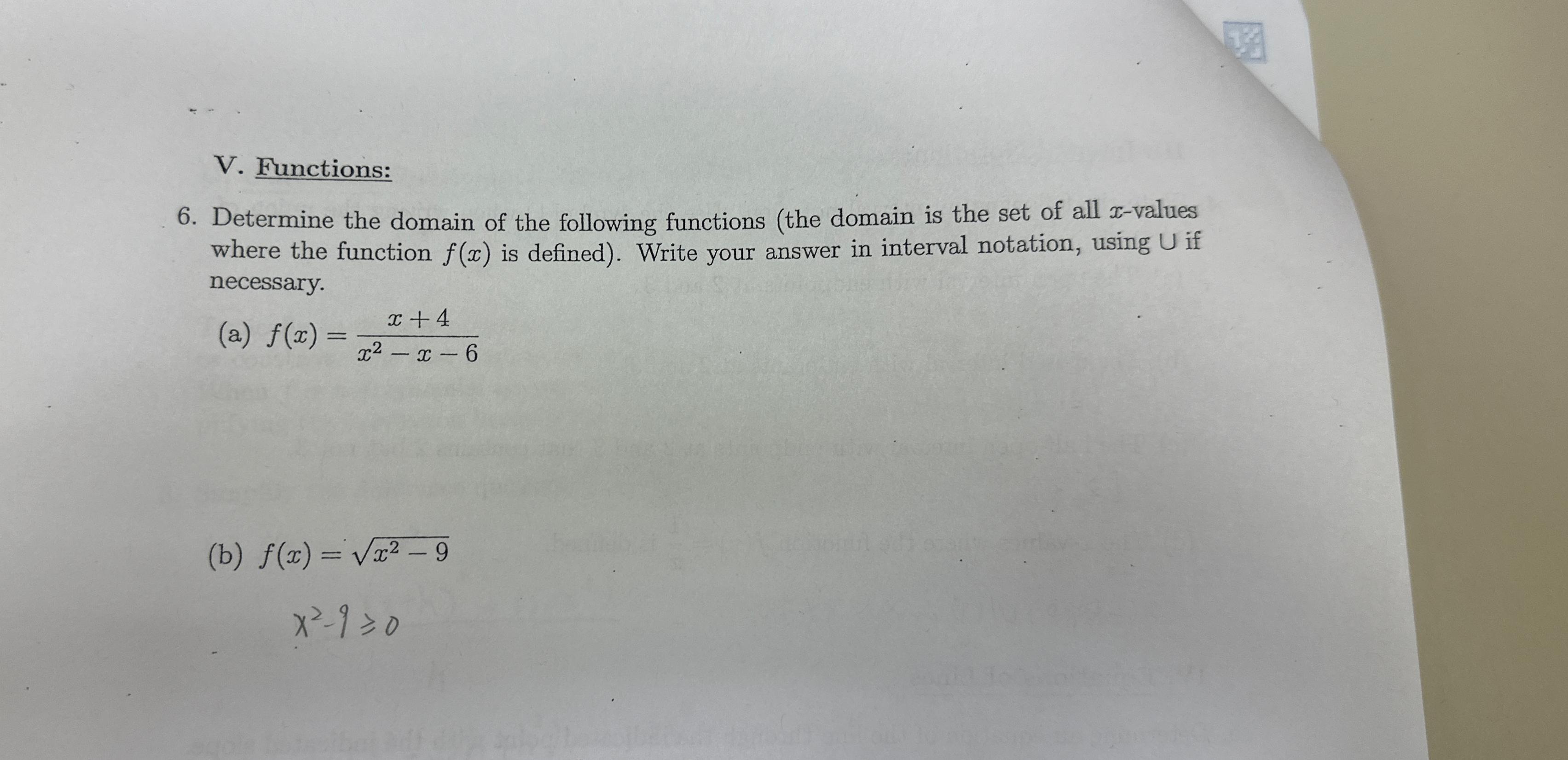 Solved V. ﻿Functions:6. ﻿Determine the domain of the | Chegg.com