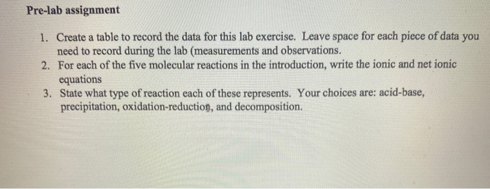 Solved Pre-lab assignment 1. Create a table to record the | Chegg.com