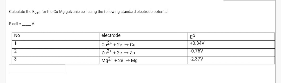 Solved Calculate The Ecell for The Cu Mg Galvanic Cell