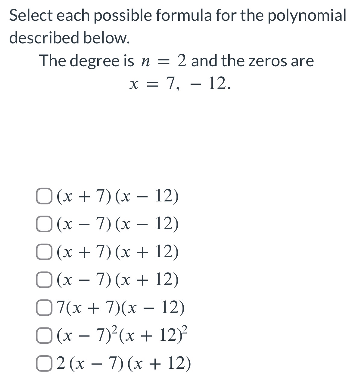 Solved Select each possible formula for the polynomial | Chegg.com