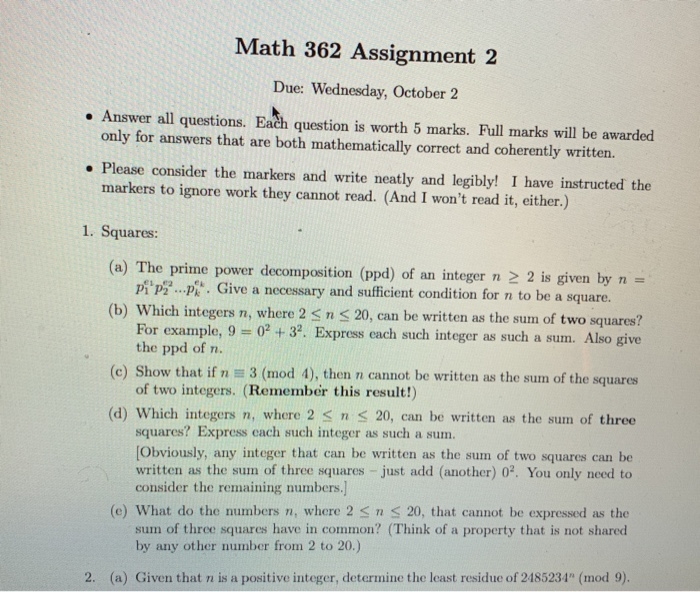 Solved Math 362 Assignment 2 Due: Wednesday, October 2 • | Chegg.com