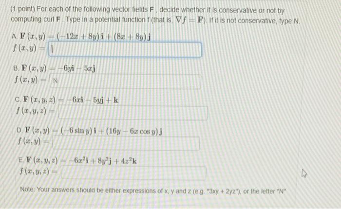 Solved (1 point) For each of the following vector fields F | Chegg.com