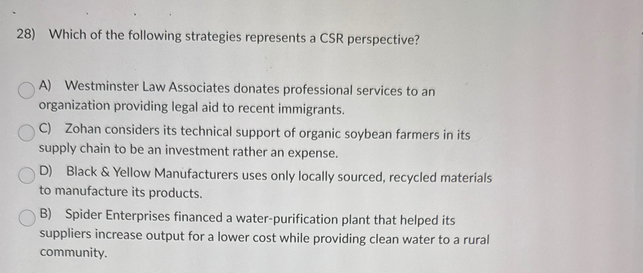 Solved Which of the following strategies represents a CSR | Chegg.com