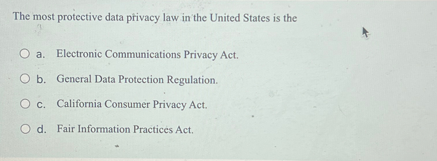 Solved The most protective data privacy law in the United | Chegg.com