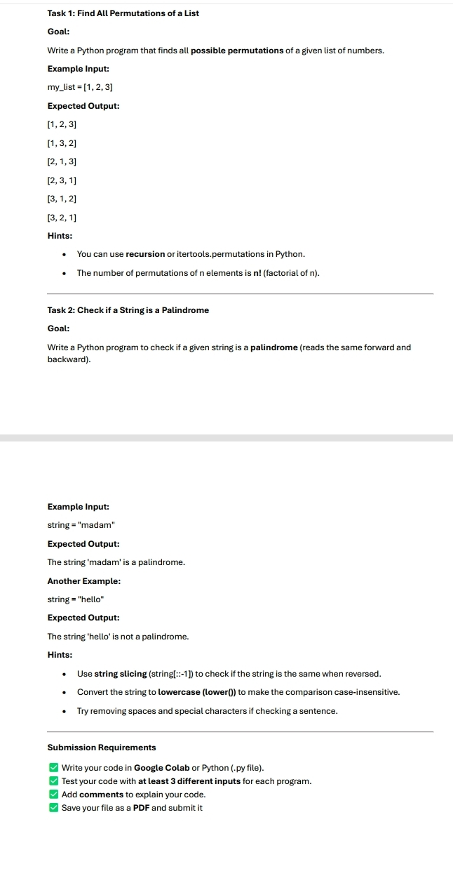 Solved Task 1: Find All Permutations of a ListGoal:Write a | Chegg.com