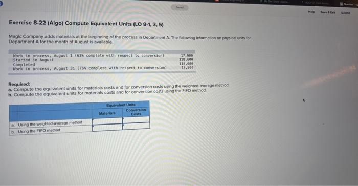 Exercise 8-22 (Algo) Compute Equivalent Units (LO | Chegg.com