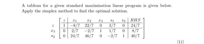 Solved A tableau for a given standard maximisation linear | Chegg.com