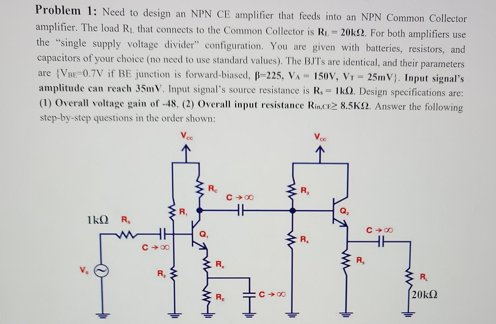 Solved Problem 1: Need to design an NPN CE amplifier that | Chegg.com