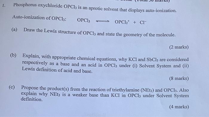 Solved 1. Phosphorus oxychloride OPCI3 is an aprotic solvent | Chegg.com