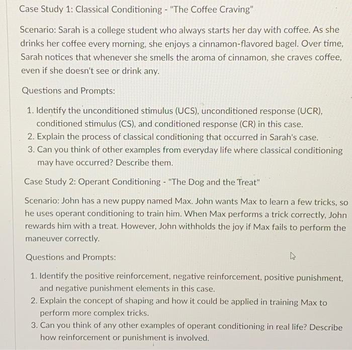 Solved Case Study 1: Classical Conditioning - "The Coffee | Chegg.com