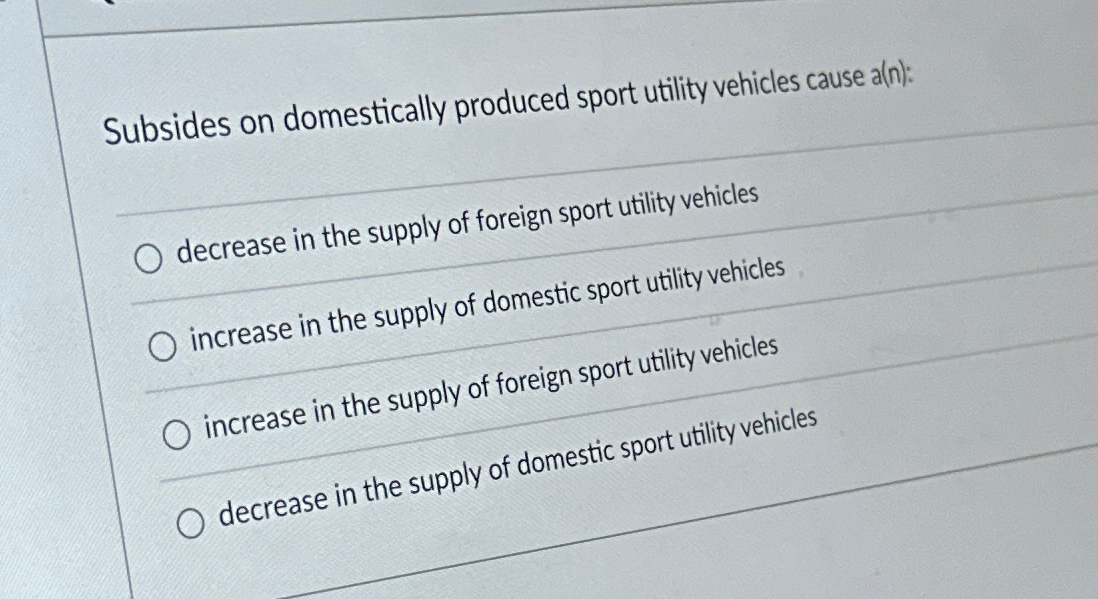 Solved Subsides on domestically produced sport utility | Chegg.com