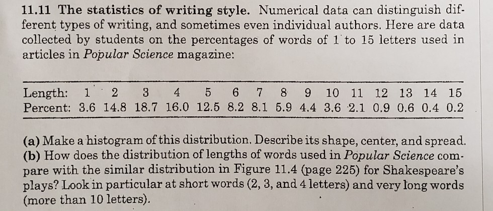 Solved 11.11 The statistics of writing style. Numerical data | Chegg.com