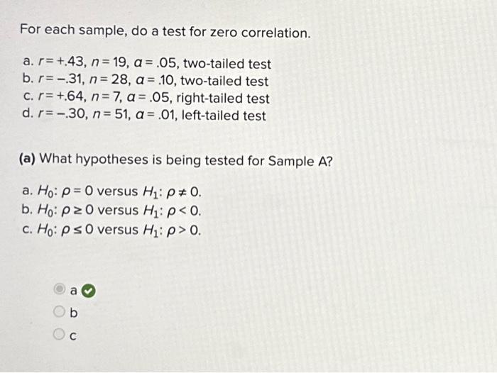 Solved For each sample, do a test for zero correlation. a. | Chegg.com