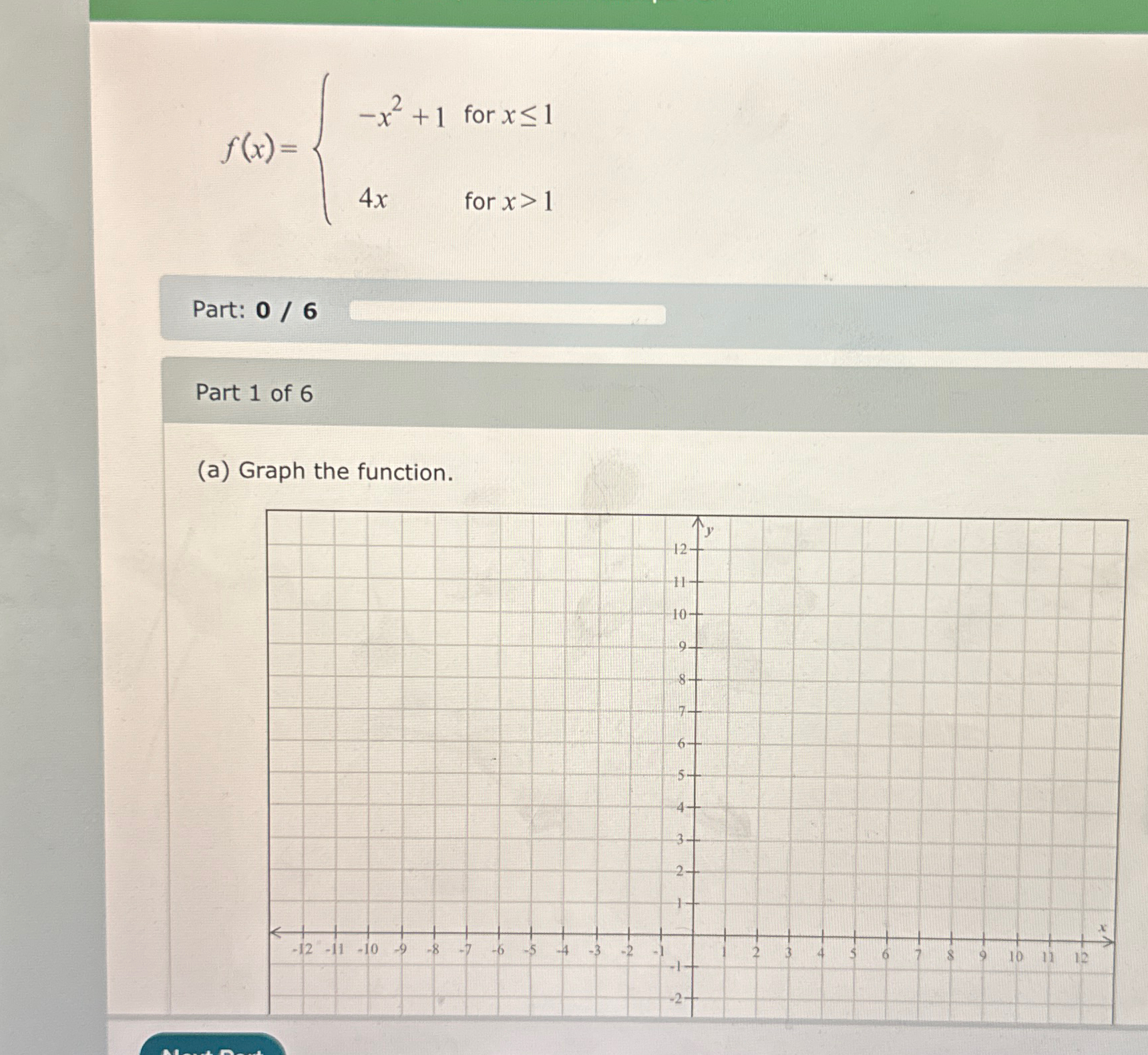 Solved f(x)={-x2+1 for x≤14x for x>1Part: 0 / 6Part 1 ﻿of | Chegg.com