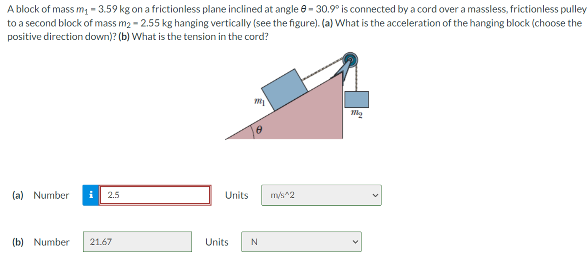Solved A block of mass m1=3.59kg ﻿on a frictionless plane | Chegg.com