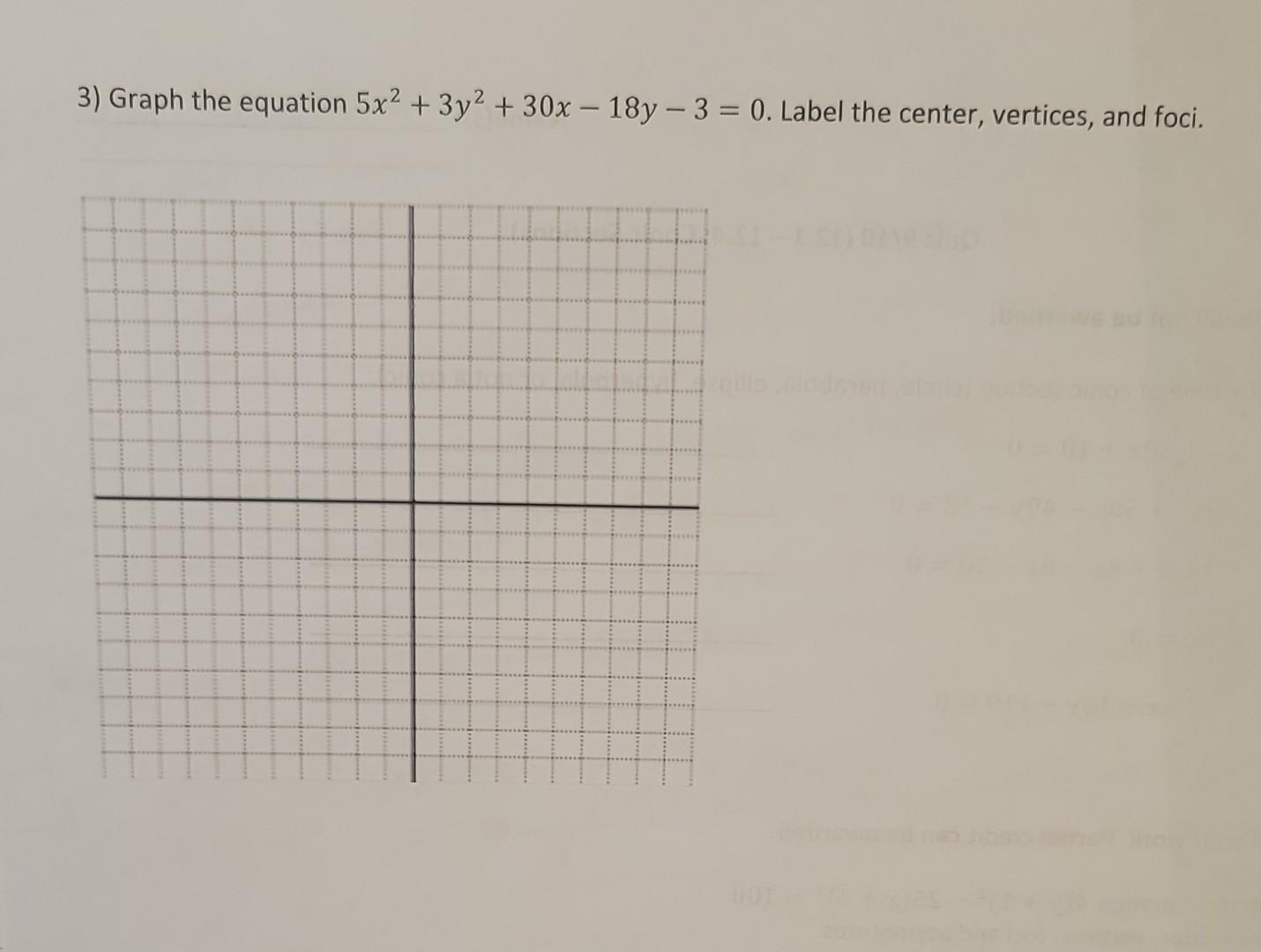 Solved 3) Graph the equation 5x2+3y2+30x−18y−3=0. Label the | Chegg.com