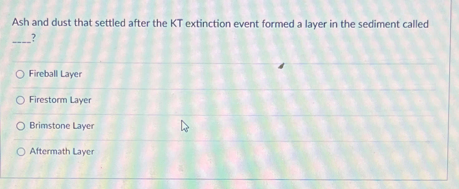 Solved Ash and dust that settled after the KT extinction | Chegg.com