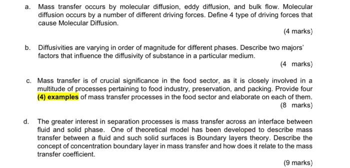Solved a. b. Mass transfer occurs by molecular diffusion, | Chegg.com