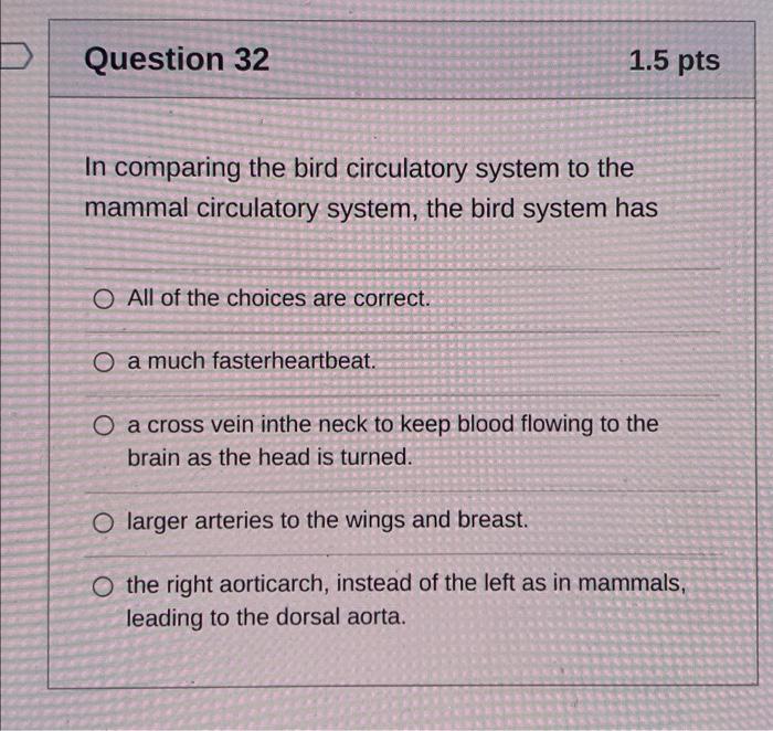 Solved Question 32 1.5 pts In comparing the bird circulatory | Chegg.com