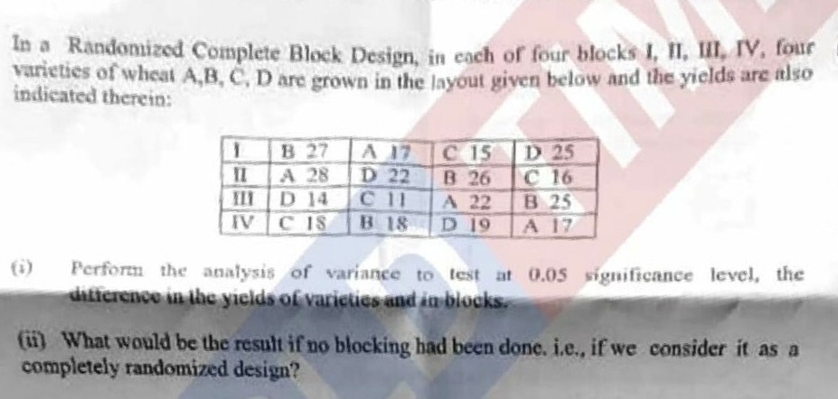 Solved In a Randomized Complete Block Design, in each of | Chegg.com