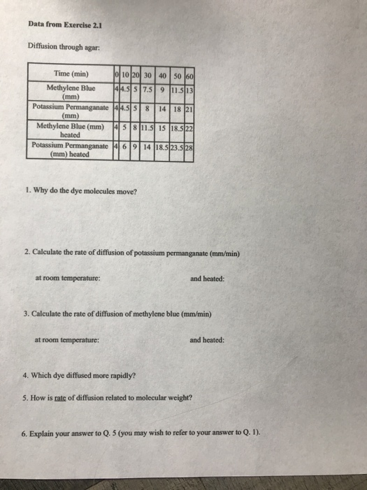 Solved Data from Exercise 2.1 Diffusion through agar: Time | Chegg.com