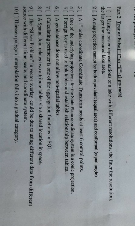 Solved Part 2: True or False ("T" or "F") (2 pts each) 1[ ] | Chegg.com