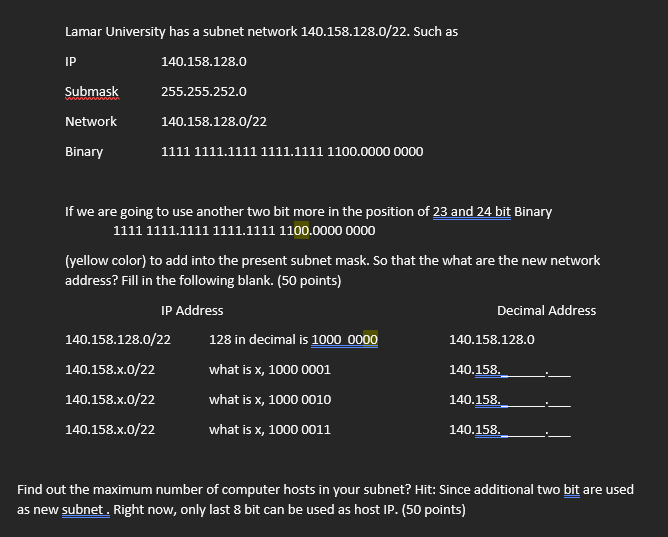 Solved Lamar University has a subnet network | Chegg.com