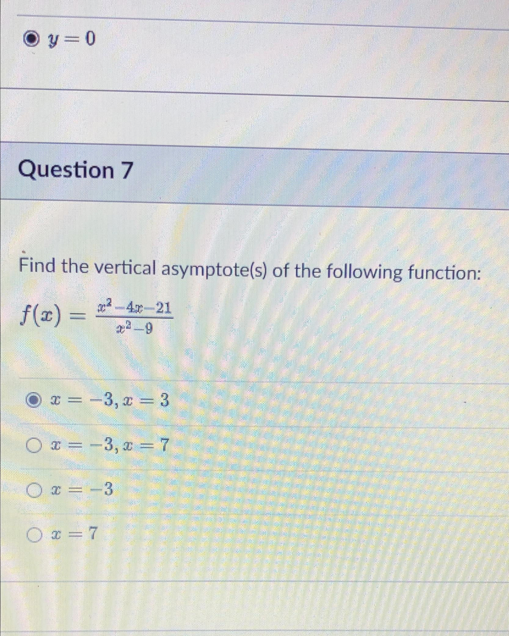 Solved y=0Question 7Find the vertical asymptote(s) ﻿of the | Chegg.com