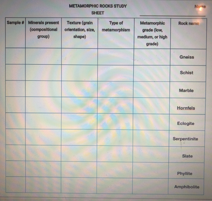 Solved Metamorphic rock study sheet. Sample number, minerals | Chegg.com