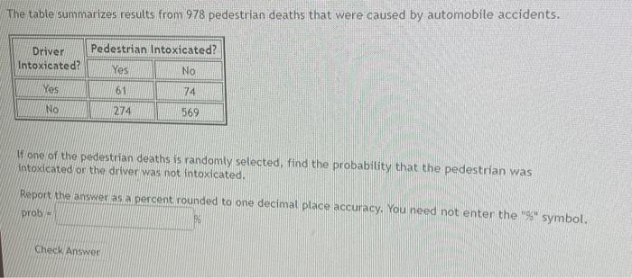Solved The table summarizes results from 978 pedestrian | Chegg.com