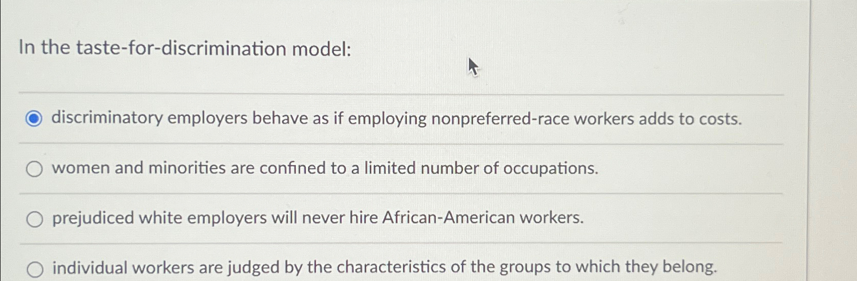 Solved In the taste-for-discrimination model:q, | Chegg.com