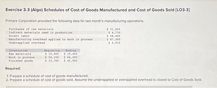 Solved Exercise 3-3 (Algo) Schedules of Cost of Goods | Chegg.com