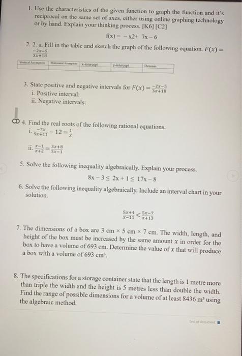 Solved 1. Use the characteristics of the given function to | Chegg.com