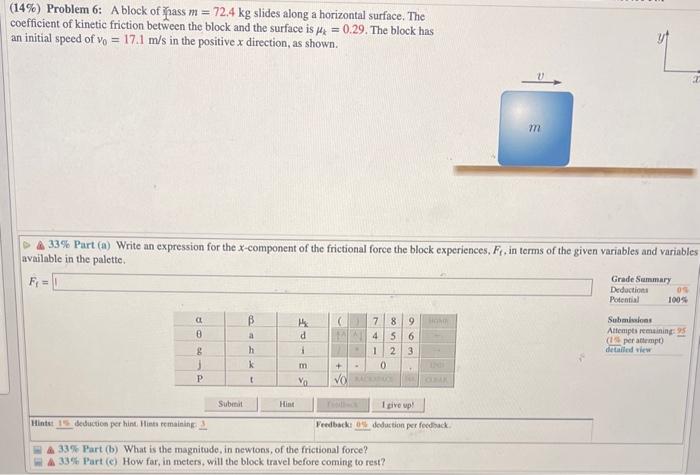 Solved (14\%) Problem 6: A block of hrass m=72.4 kg slides | Chegg.com